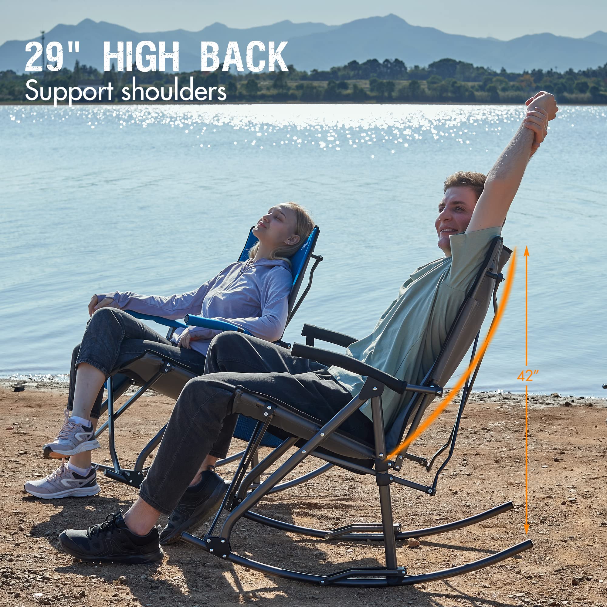 PORTAL Oversized Folding Rocking Camping Chair Portable Outdoor Rocker with High Back Hard Armrests Carry Bag, Supports 400 lbs, Padded Back, Blue