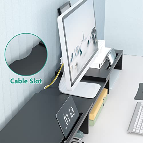 WALI Dual Monitor Stand Riser, 3 Shelf Laptop and Computer Monitor Stand with Phone Holder, Length and Angle Adjustable Desk Organizer (PTT007T-B), Black