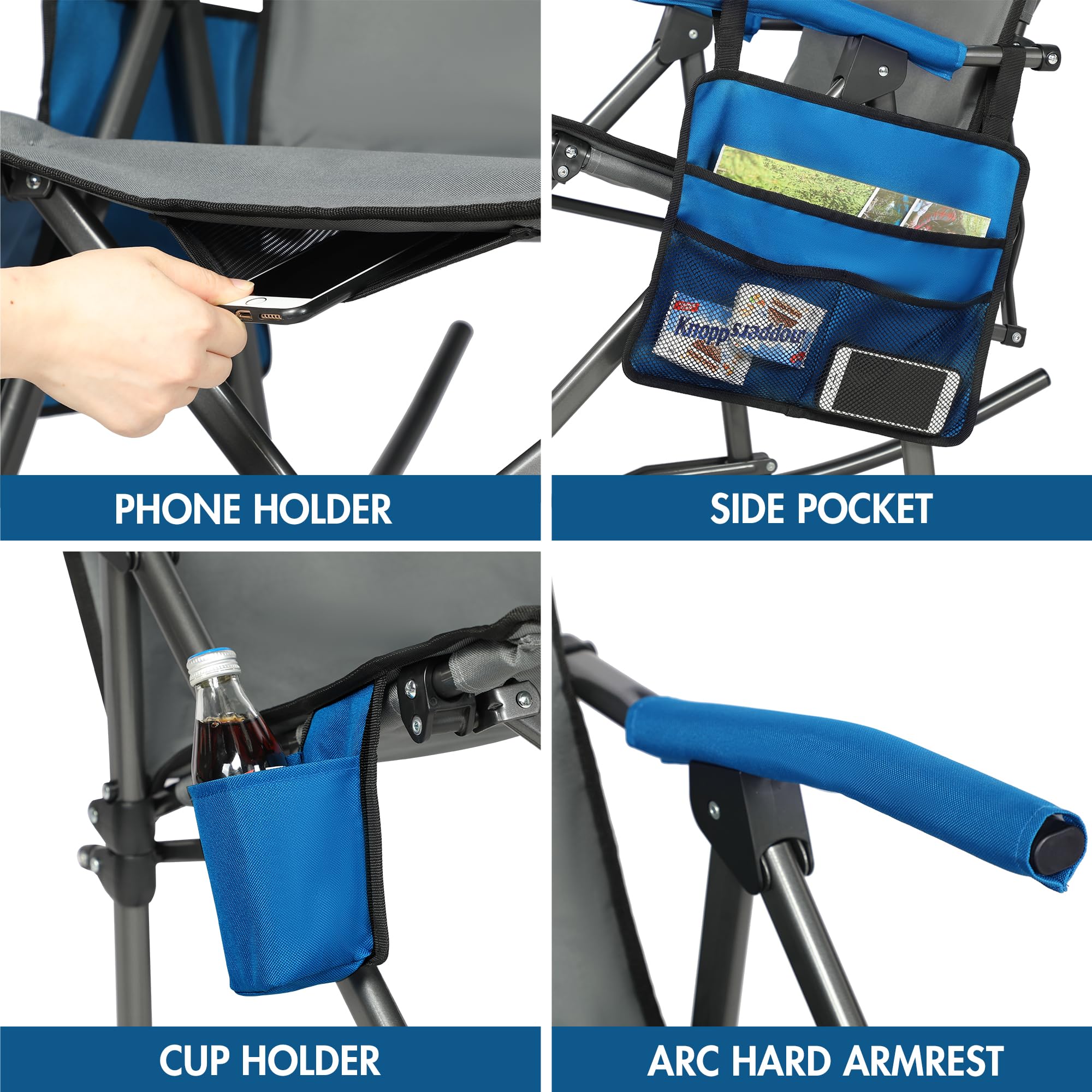 PORTAL Oversized Folding Rocking Camping Chair Portable Outdoor Rocker with High Back Hard Armrests Carry Bag, Supports 400 lbs, Padded Back, Blue