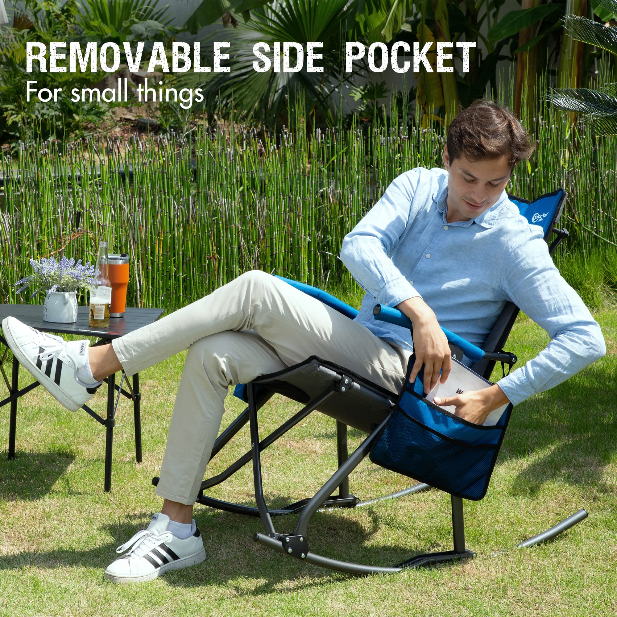 PORTAL Oversized Folding Rocking Camping Chair Portable Outdoor Rocker with High Back Hard Armrests Carry Bag, Supports 400 lbs, Padded Back, Blue