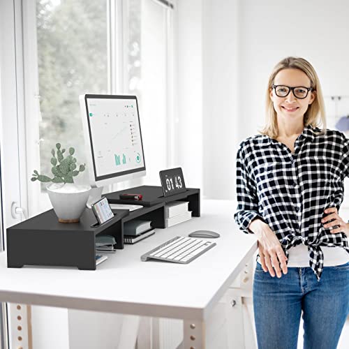 WALI Dual Monitor Stand Riser, 3 Shelf Laptop and Computer Monitor Stand with Phone Holder, Length and Angle Adjustable Desk Organizer (PTT007T-B), Black