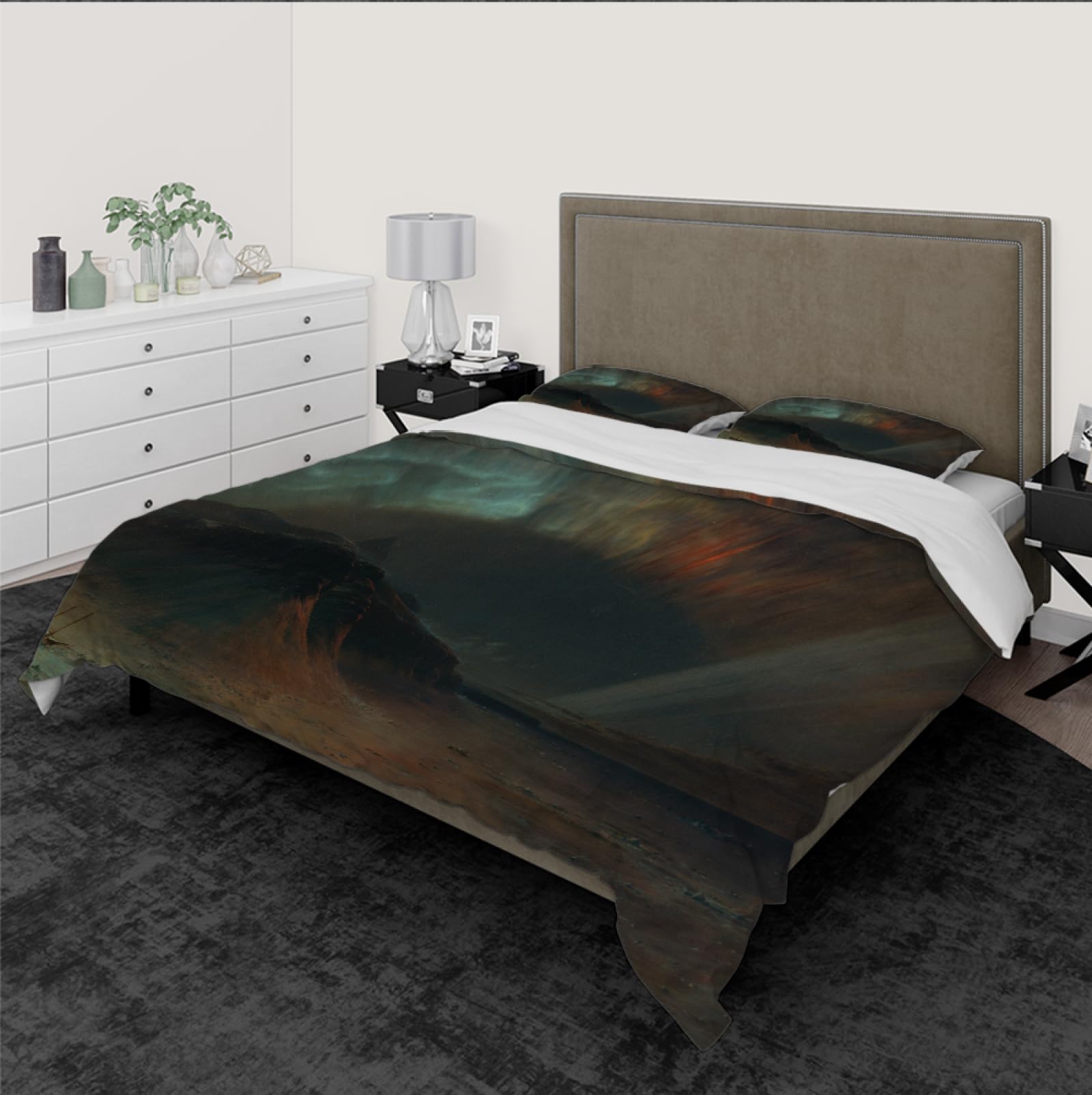 RIVINE Frederic Edwin Church Style Duvet Cover 3 Pieces Aurora Borealis Tablosu Soft Breathable Bedroom Bedding Set with 2 Pillow Shams Full