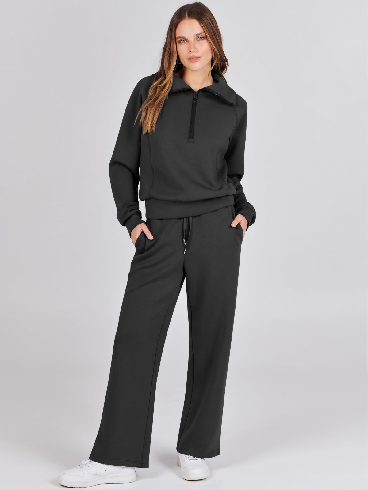 Prinbara Women 2 Piece Outfits Lounge Sets 2024 Winter Oversized Sweatshirt Wide Leg Pant Casual Matching Sweat Set Tracksuit Black Small