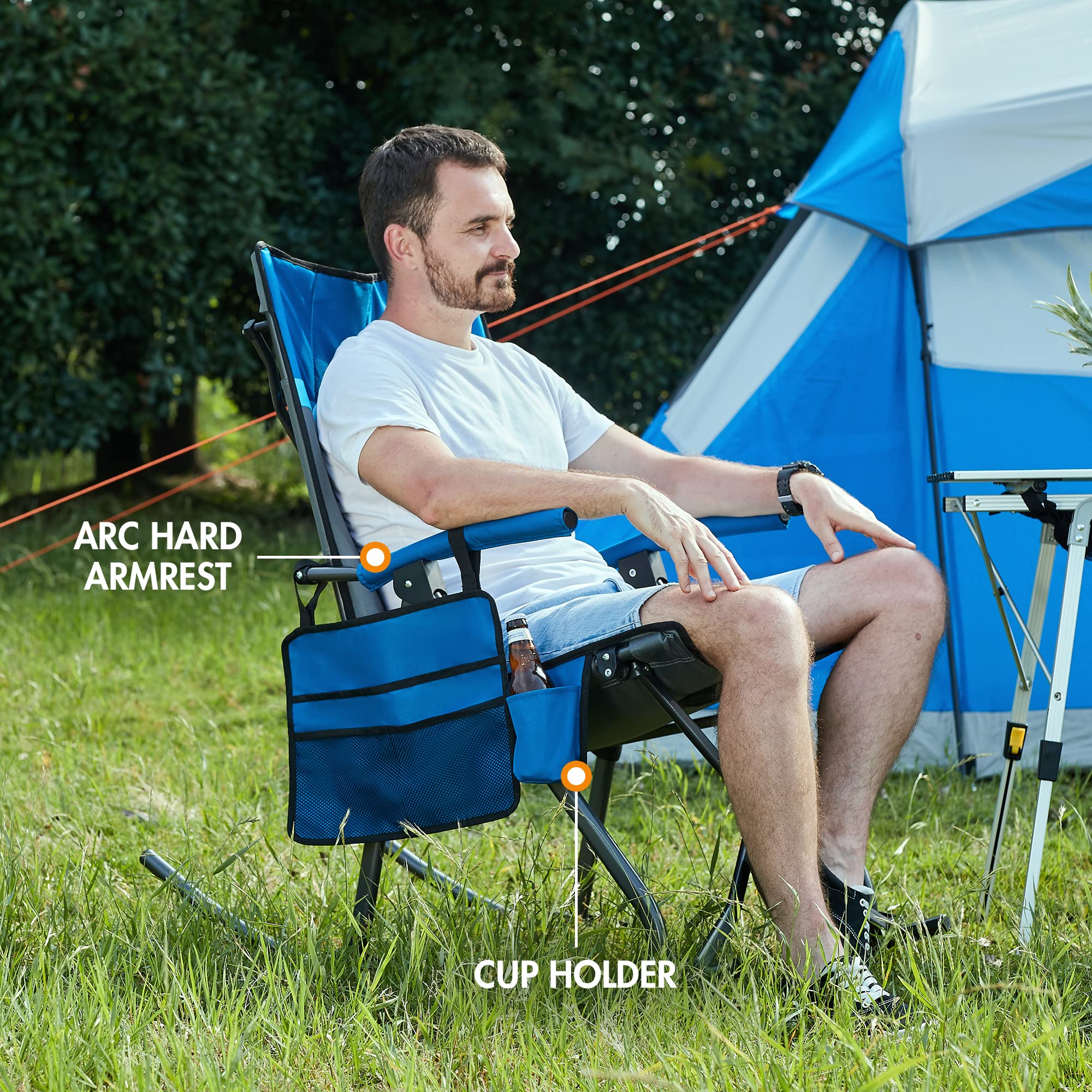 PORTAL Oversized Folding Rocking Camping Chair Portable Outdoor Rocker with High Back Hard Armrests Carry Bag, Supports 400 lbs, Padded Back, Blue