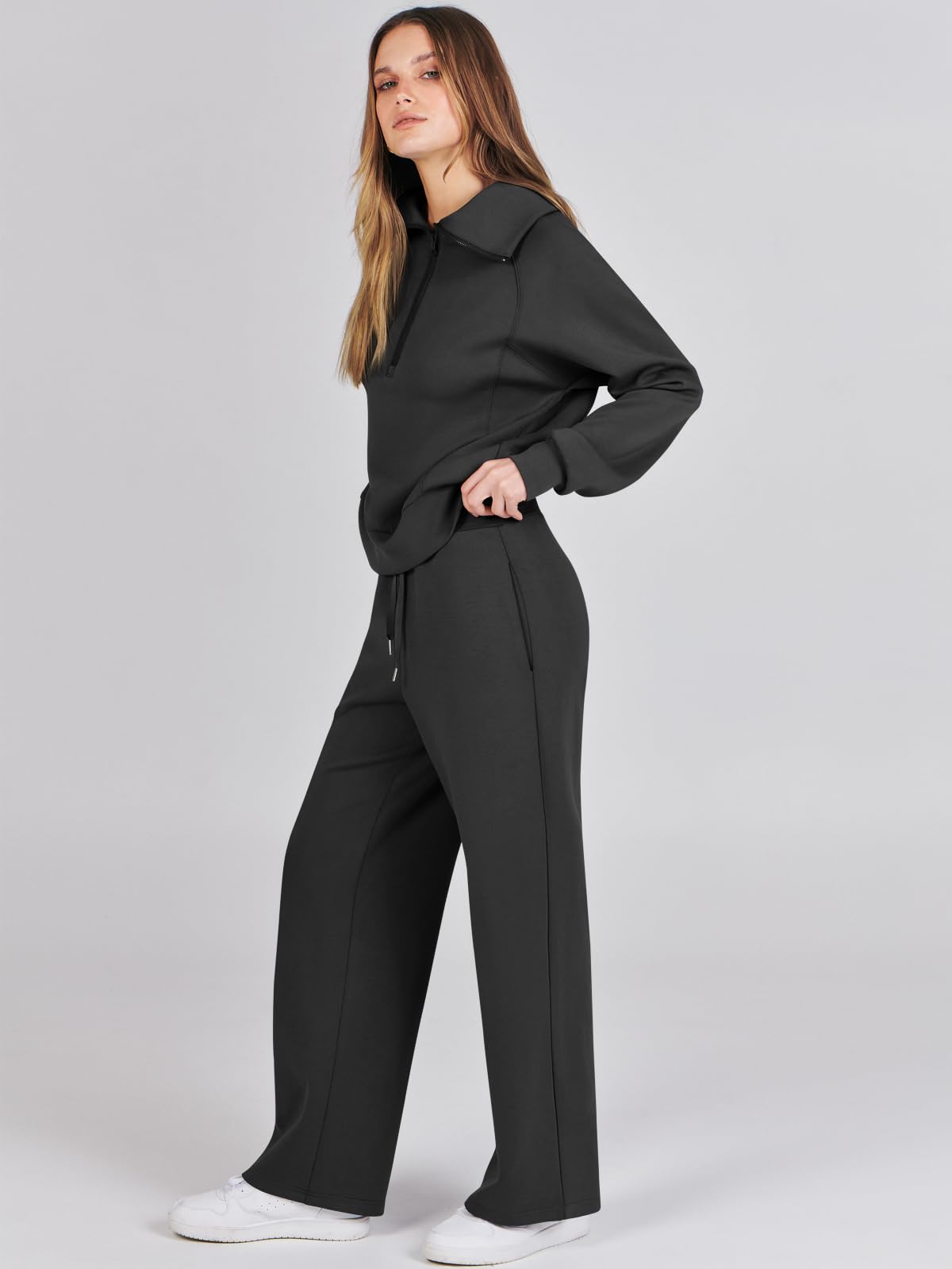 Prinbara Women 2 Piece Outfits Lounge Sets 2024 Winter Oversized Sweatshirt Wide Leg Pant Casual Matching Sweat Set Tracksuit Black Small