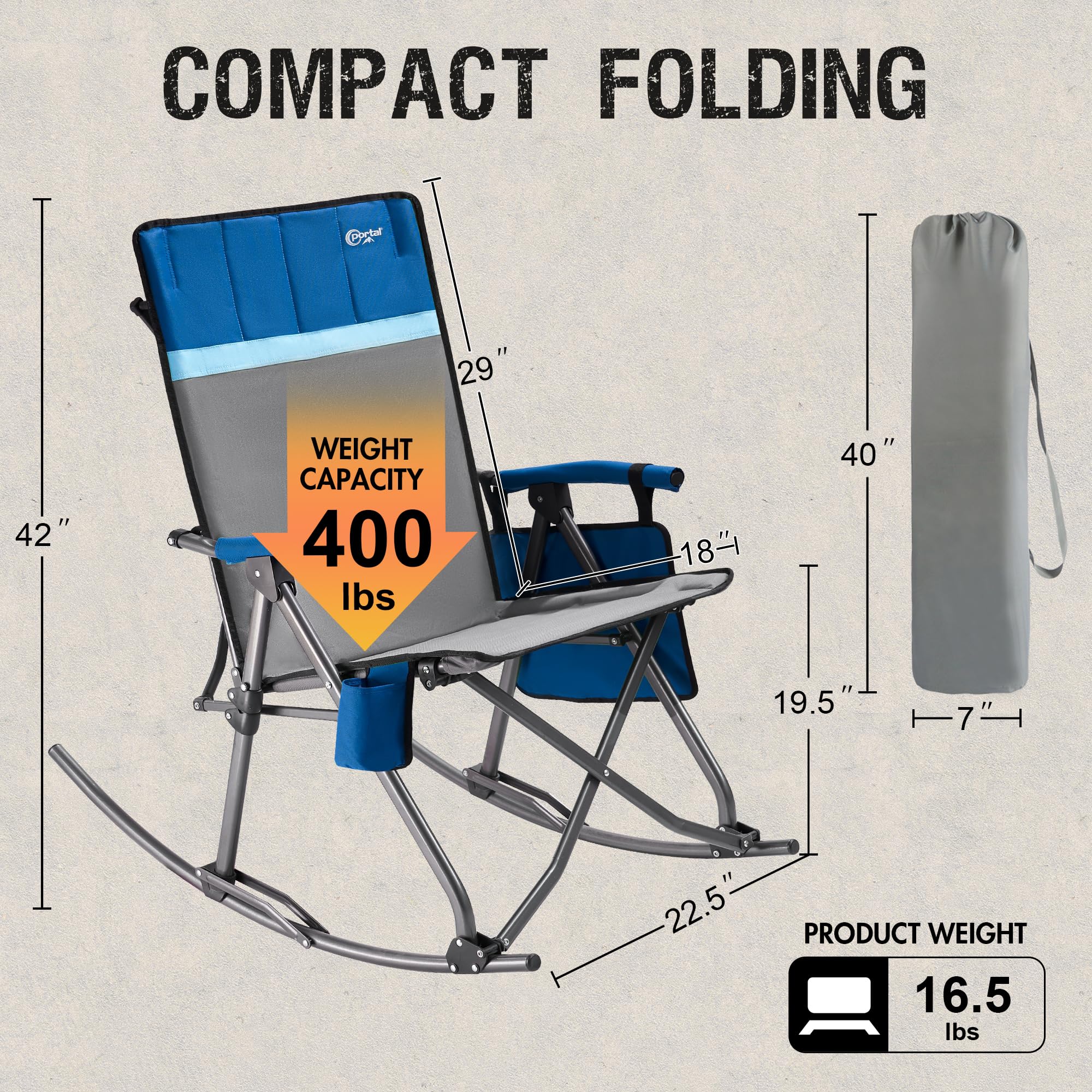 PORTAL Oversized Folding Rocking Camping Chair Portable Outdoor Rocker with High Back Hard Armrests Carry Bag, Supports 400 lbs, Padded Back, Blue