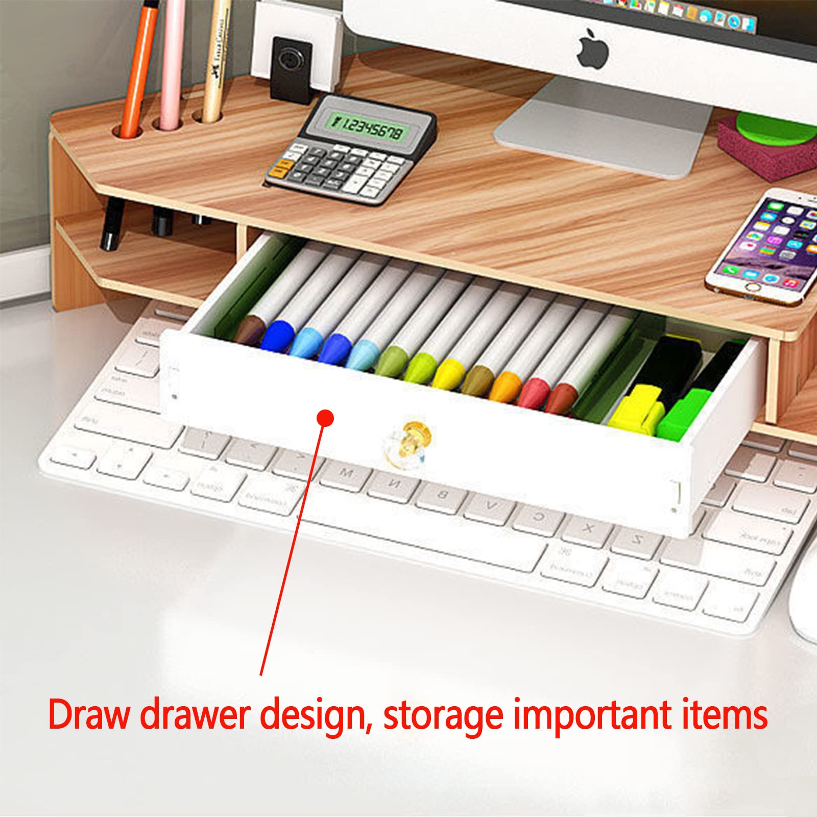 Triangle Monitor Riser,Corner Computer Monitor Stand with Drawer,Wooden Triangle Save Space Desktop Computer Stand with Office Organization,Desktop Corner Shelf with Drawers Wooden Laptop Stand Riser