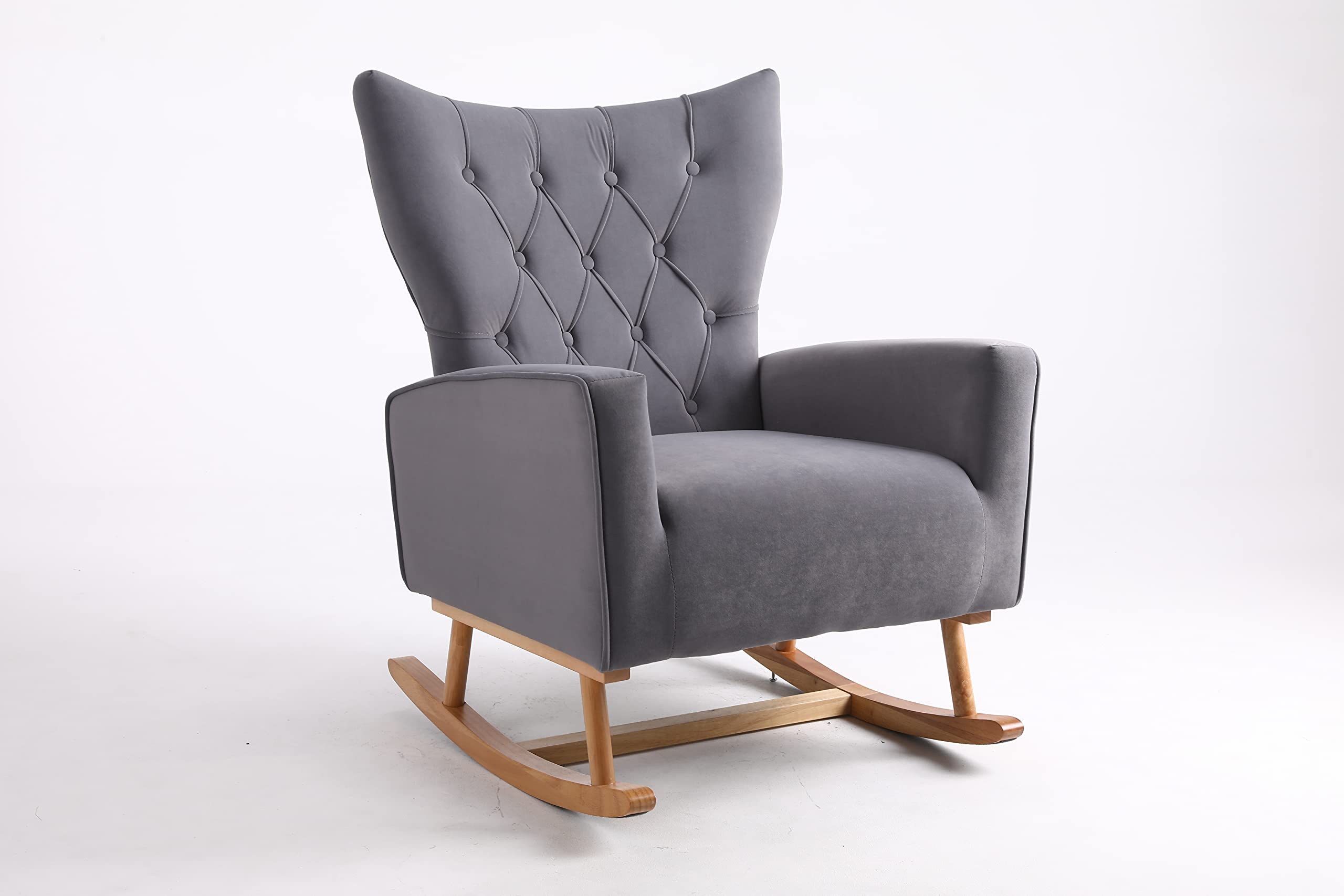 HHOK Rocking, Mid Century Modern Velvet Tufted Upholstered Rocker Armchair Padded Seat with Solid Wood Base, Accent Chair with High Backrest and Armrests for Living Room Bedroom Balcony, Grey