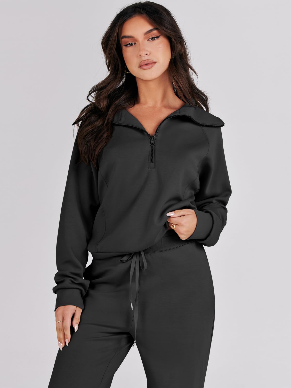 Prinbara Women 2 Piece Outfits Lounge Sets 2024 Winter Oversized Sweatshirt Wide Leg Pant Casual Matching Sweat Set Tracksuit Black Small