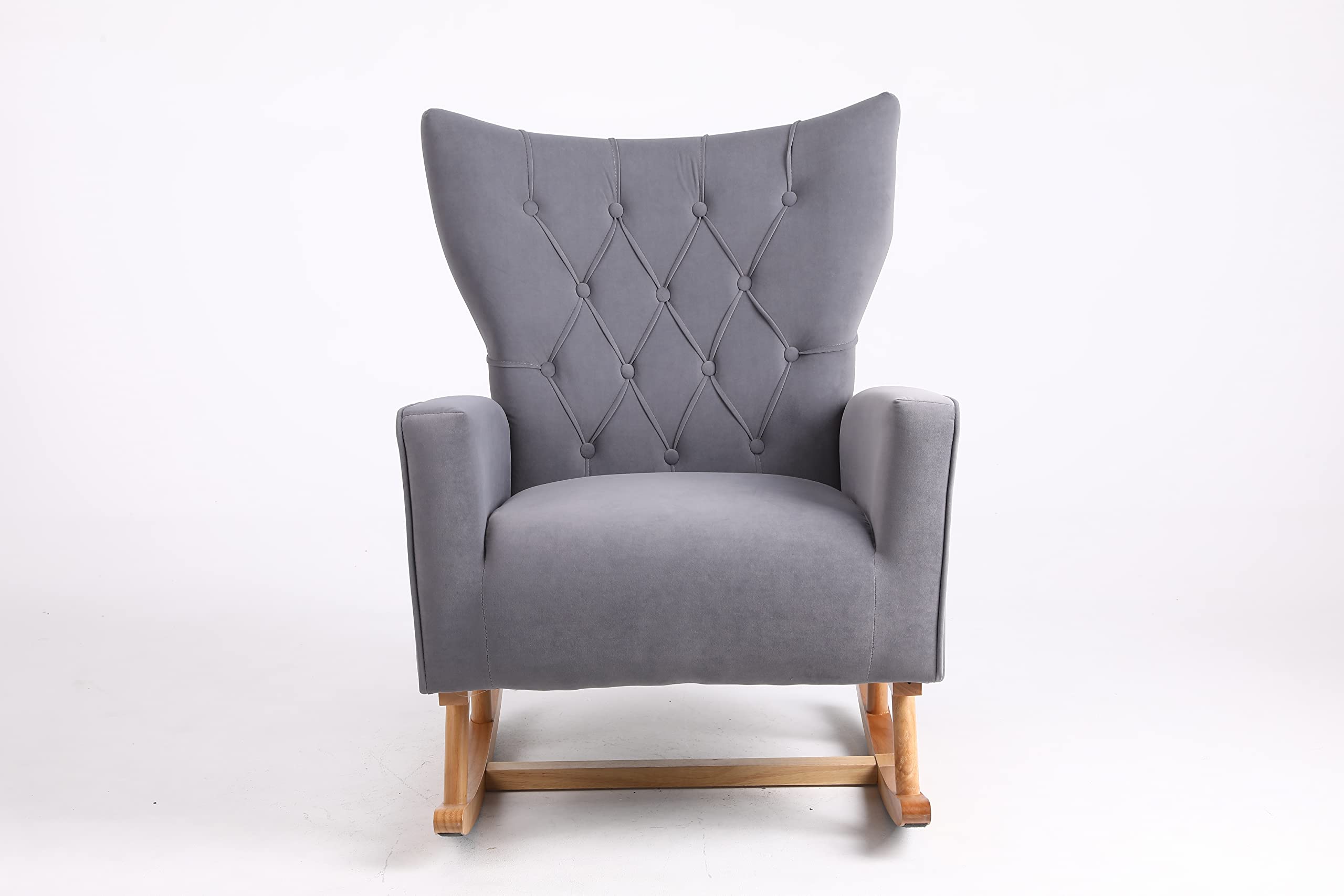 HHOK Rocking, Mid Century Modern Velvet Tufted Upholstered Rocker Armchair Padded Seat with Solid Wood Base, Accent Chair with High Backrest and Armrests for Living Room Bedroom Balcony, Grey