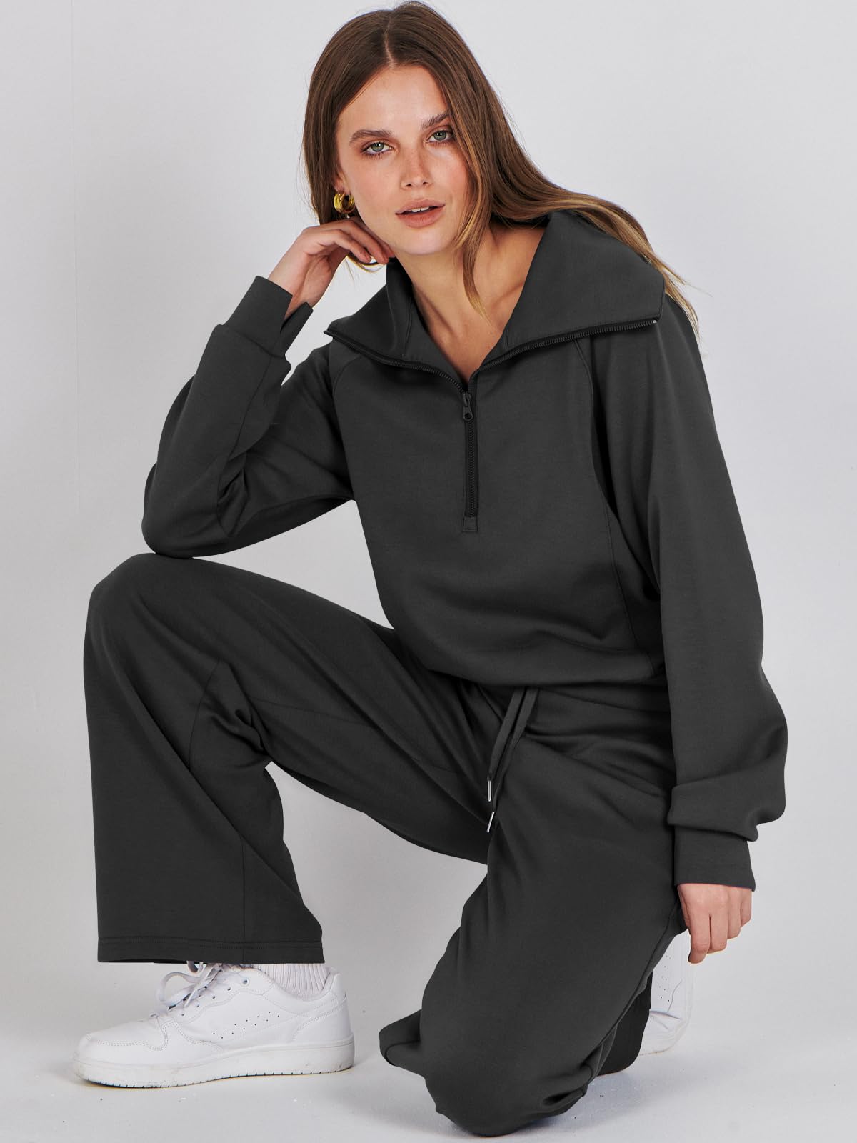 Prinbara Women 2 Piece Outfits Lounge Sets 2024 Winter Oversized Sweatshirt Wide Leg Pant Casual Matching Sweat Set Tracksuit Black Small
