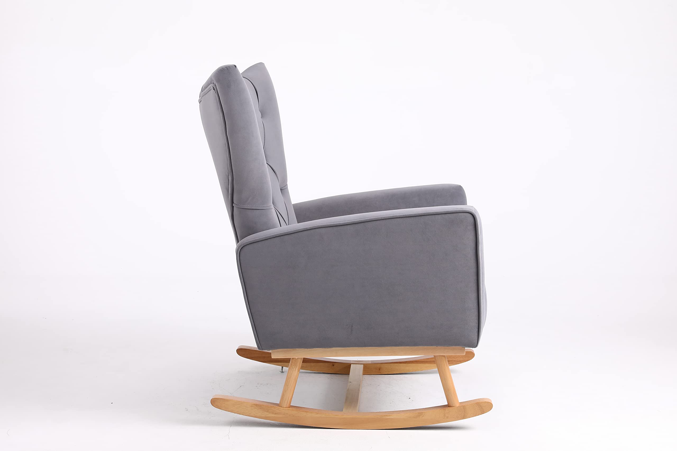 HHOK Rocking, Mid Century Modern Velvet Tufted Upholstered Rocker Armchair Padded Seat with Solid Wood Base, Accent Chair with High Backrest and Armrests for Living Room Bedroom Balcony, Grey