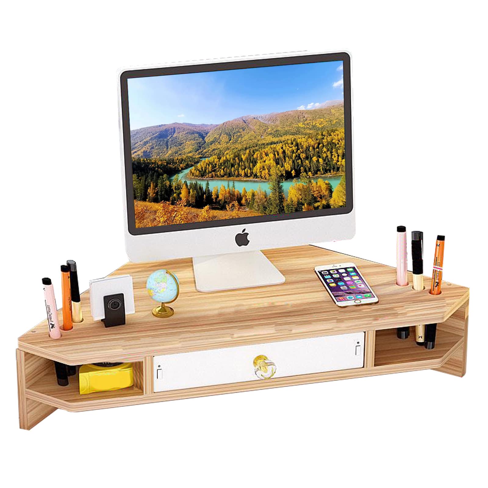 Triangle Monitor Riser,Corner Computer Monitor Stand with Drawer,Wooden Triangle Save Space Desktop Computer Stand with Office Organization,Desktop Corner Shelf with Drawers Wooden Laptop Stand Riser