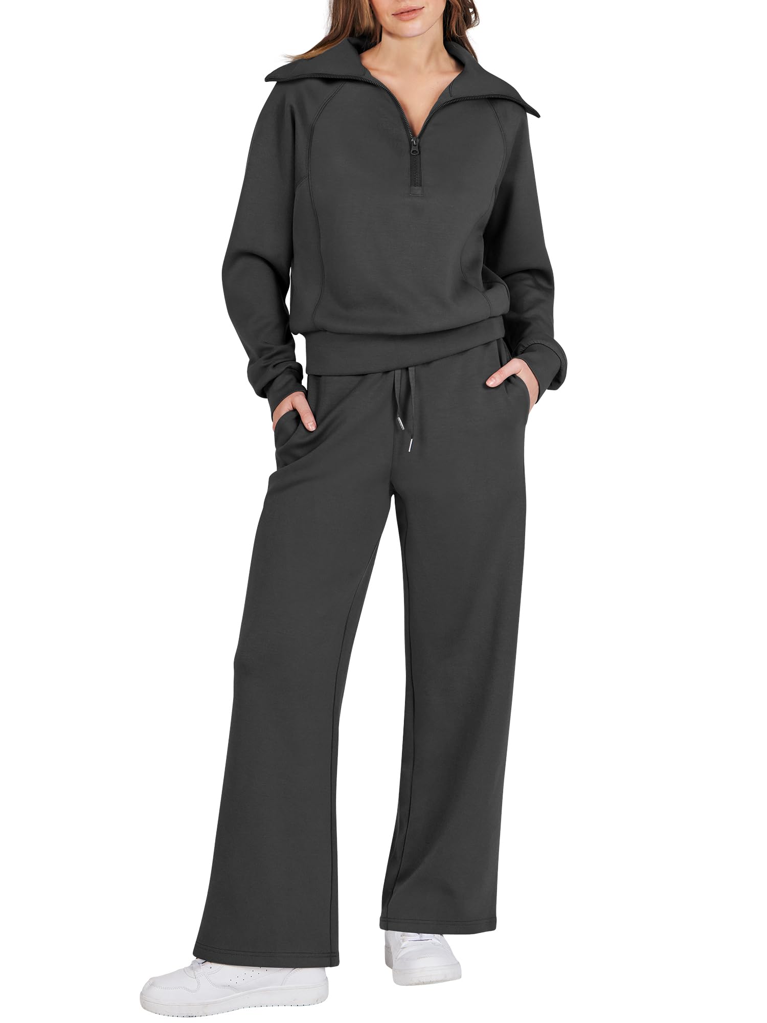 Prinbara Women 2 Piece Outfits Lounge Sets 2024 Winter Oversized Sweatshirt Wide Leg Pant Casual Matching Sweat Set Tracksuit Black Small