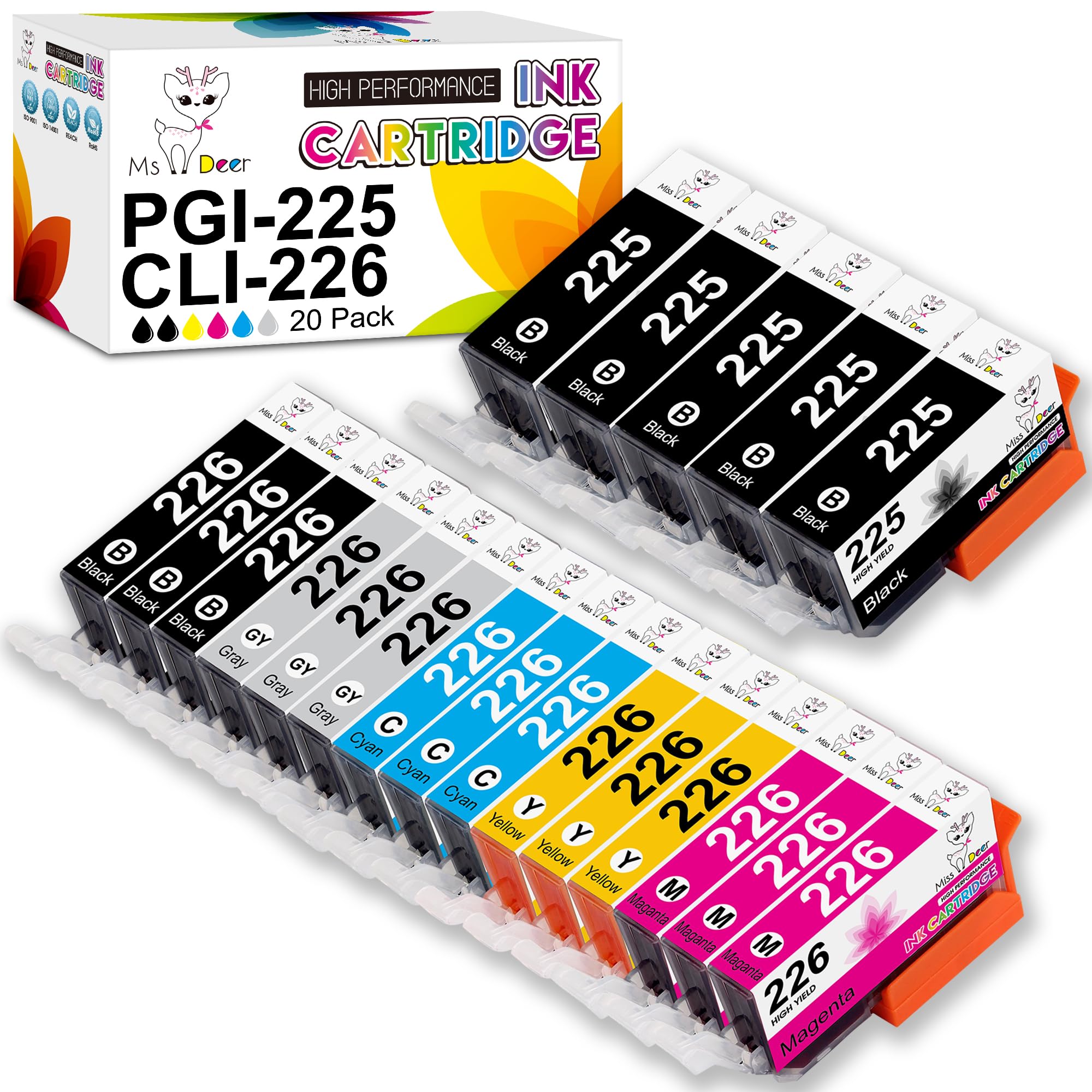 Miss Deer Compatible PGI-225 CLI-226 Ink Cartridges Replacement for Canon PGI225 CLI226 for PIXMA iP4920 iX6520 MG5120 MG6120 MG8120 MX892 MG8120B MG5220 Printer 20 Combo Pack (3 Sets + 2 PGI-Black)