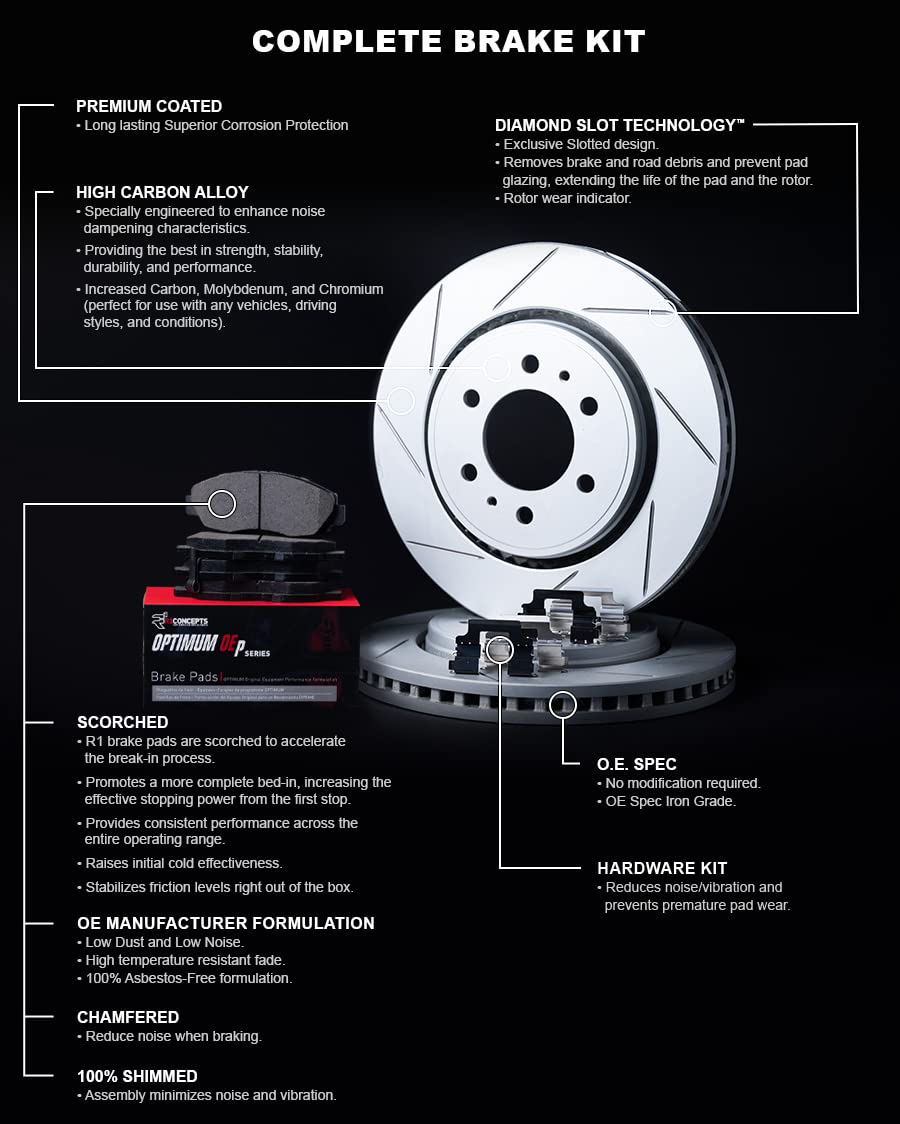 R1 Concepts Rear Brakes and Rotors Kit |Rear Brake Pads| Brake Rotors and Pads| Optimum OEp Brake Pads and Rotors| Hardware Kit WLUH1-67196