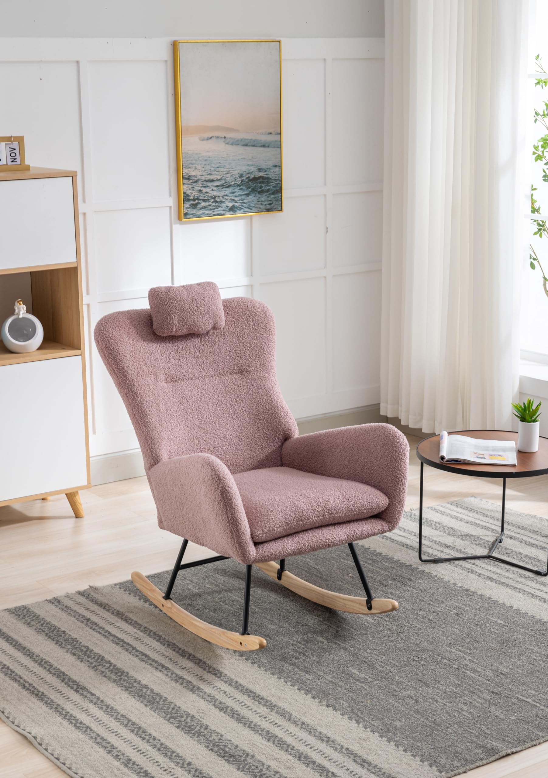 Lepfun 35.5 inch Casual, Soft Teddy Velvet Fabric Rocking Chair for Nursery,Comfy Wingback Glider Rocker with Safe Solid Wood Base for Living Room Bedroom and Balcony,Pink