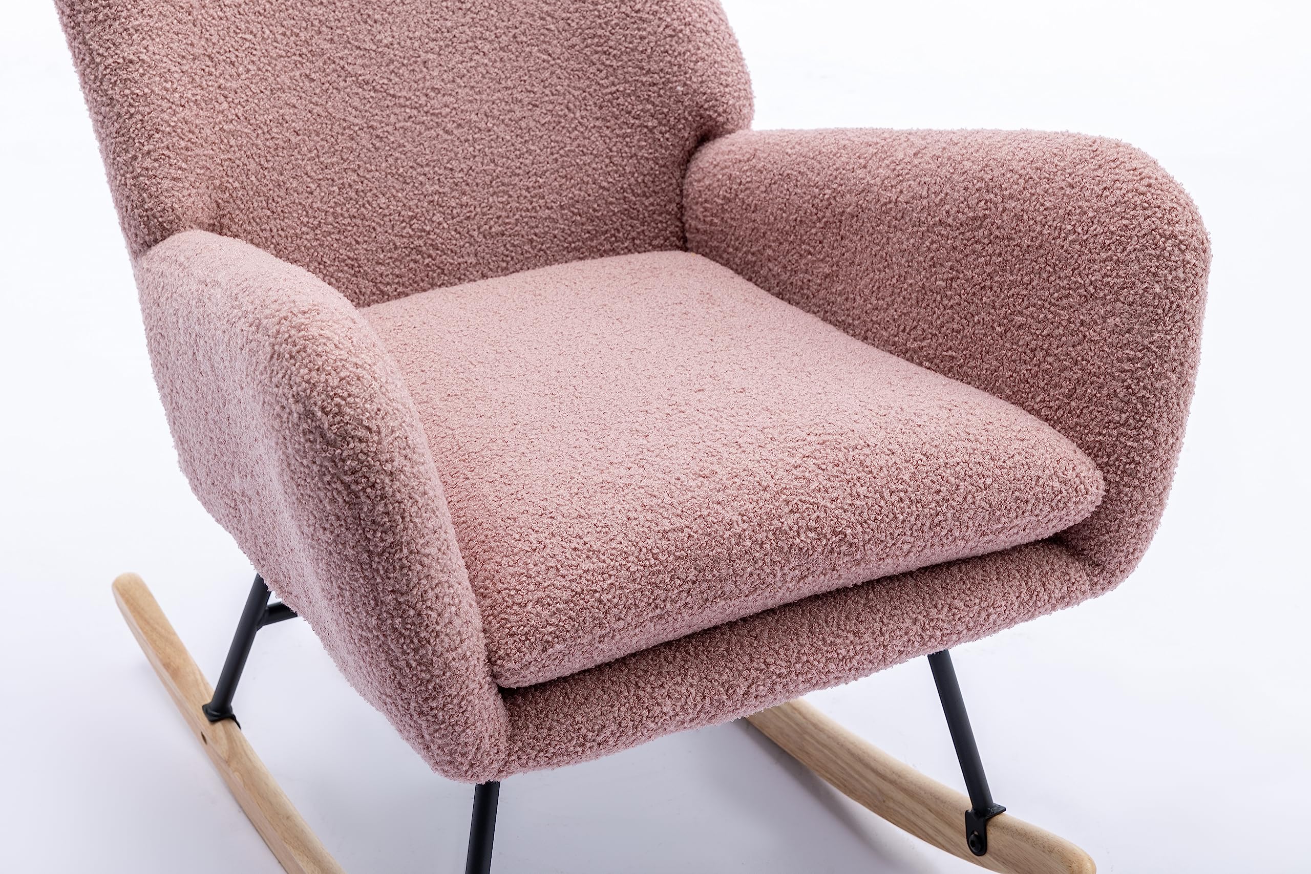 Lepfun 35.5 inch Casual, Soft Teddy Velvet Fabric Rocking Chair for Nursery,Comfy Wingback Glider Rocker with Safe Solid Wood Base for Living Room Bedroom and Balcony,Pink