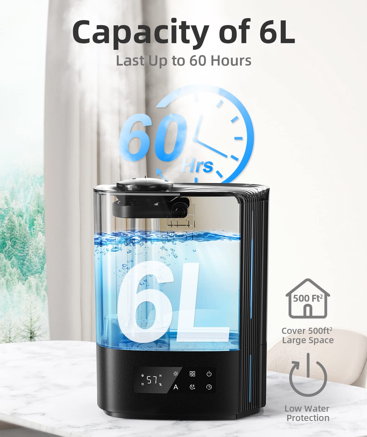BREEZOME 6L Humidifiers for Bedroom Large Room & Essential Oil Diffuser, Ultrasonic Top Fill Cool Mist Humidifiers for Baby, Plants, Nursery Last up to 60 Hours, Smart Humidistat Control, Ultra Quiet