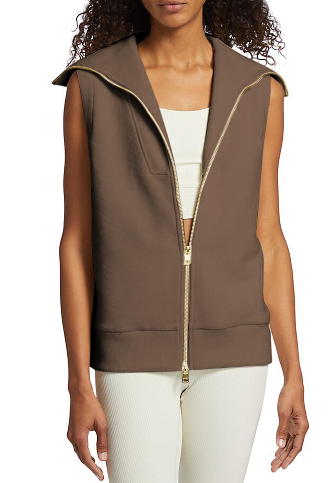 Viottiset Women's Ribbed Full Zip Lapel Collar Sleeveless Sweatshirt Sweater Vest Fall Casual Top Brown M
