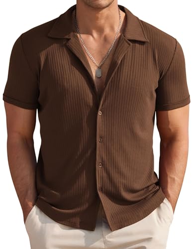 COOFANDY Men Knit Shirts Short Sleeve Button Down Shirts Summer Shirts Cuban Collar Beach Shirts Brown