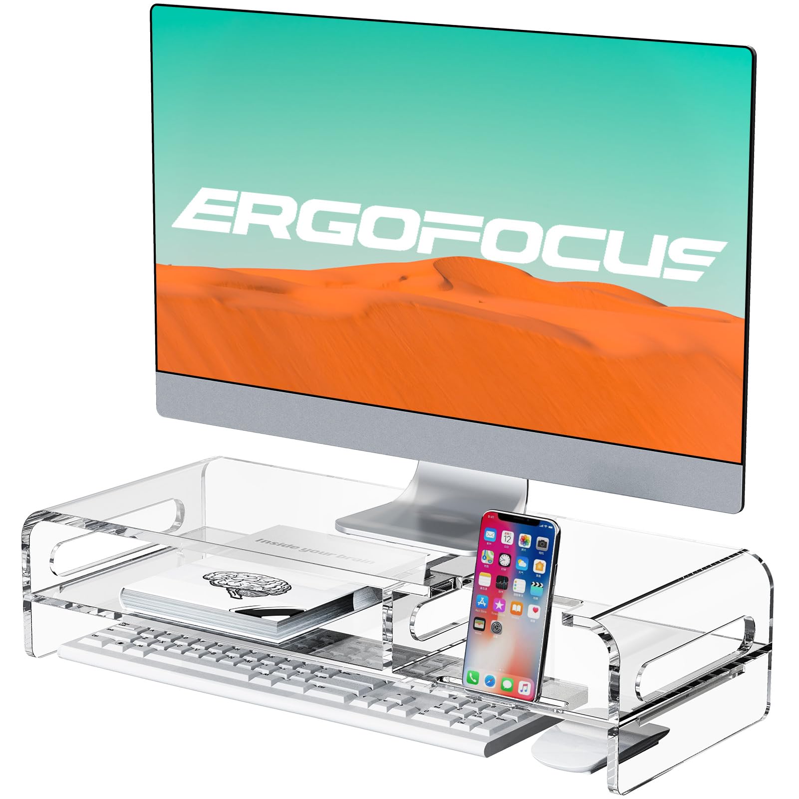 ErgoFocus 20inch Large Acrylic Monitor Stand Riser, 2-Tier Clear Monitor Stand with Built-in Phone Holder, Premium Acrylic Monitor Riser with Keyboard Storage