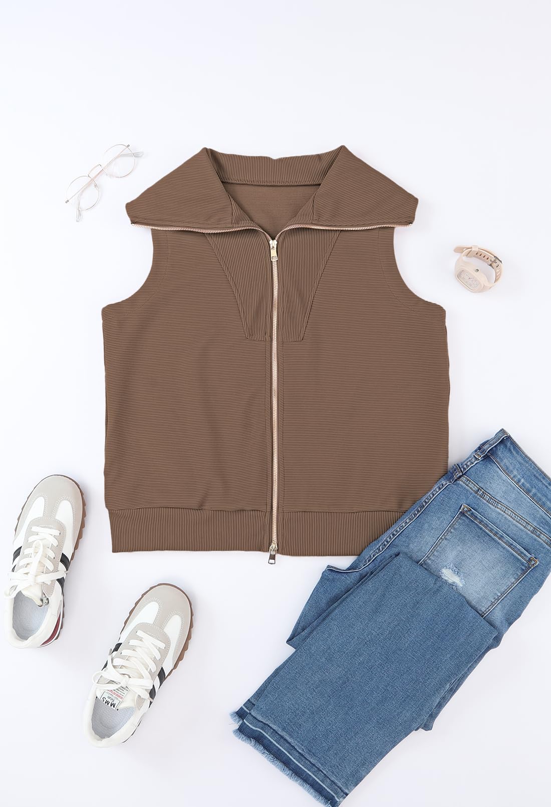 Viottiset Women's Ribbed Full Zip Lapel Collar Sleeveless Sweatshirt Sweater Vest Fall Casual Top Brown M