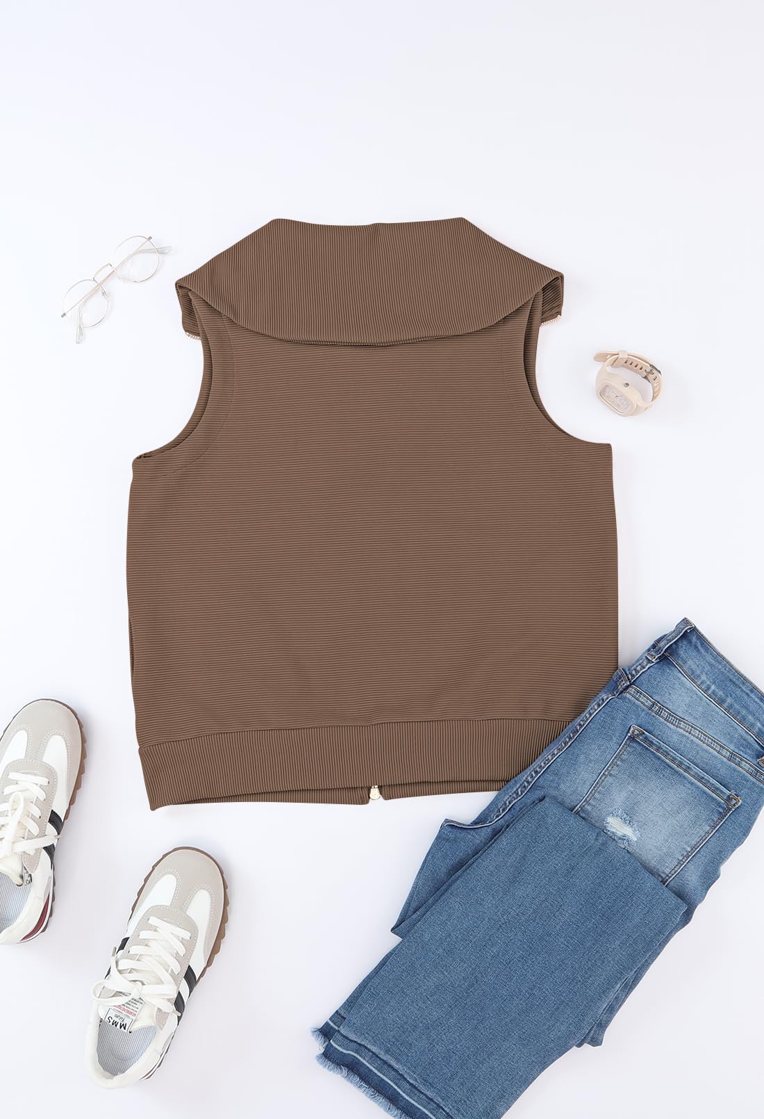 Viottiset Women's Ribbed Full Zip Lapel Collar Sleeveless Sweatshirt Sweater Vest Fall Casual Top Brown M