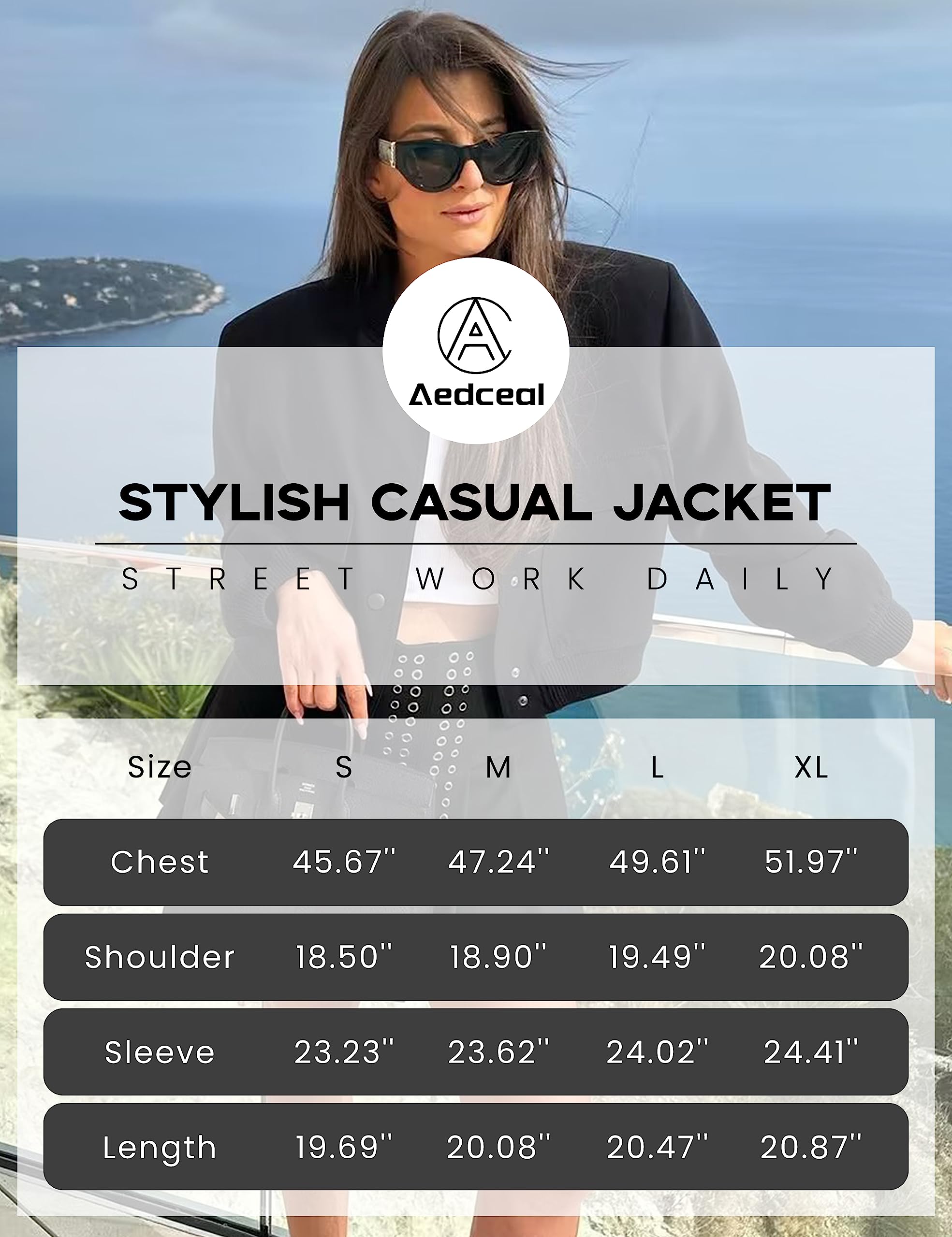 Aedceal Women's Cropped Bomber Jacket Button Down Stand Collar Varsity Coats Outerwears with Pockets(Black-M)