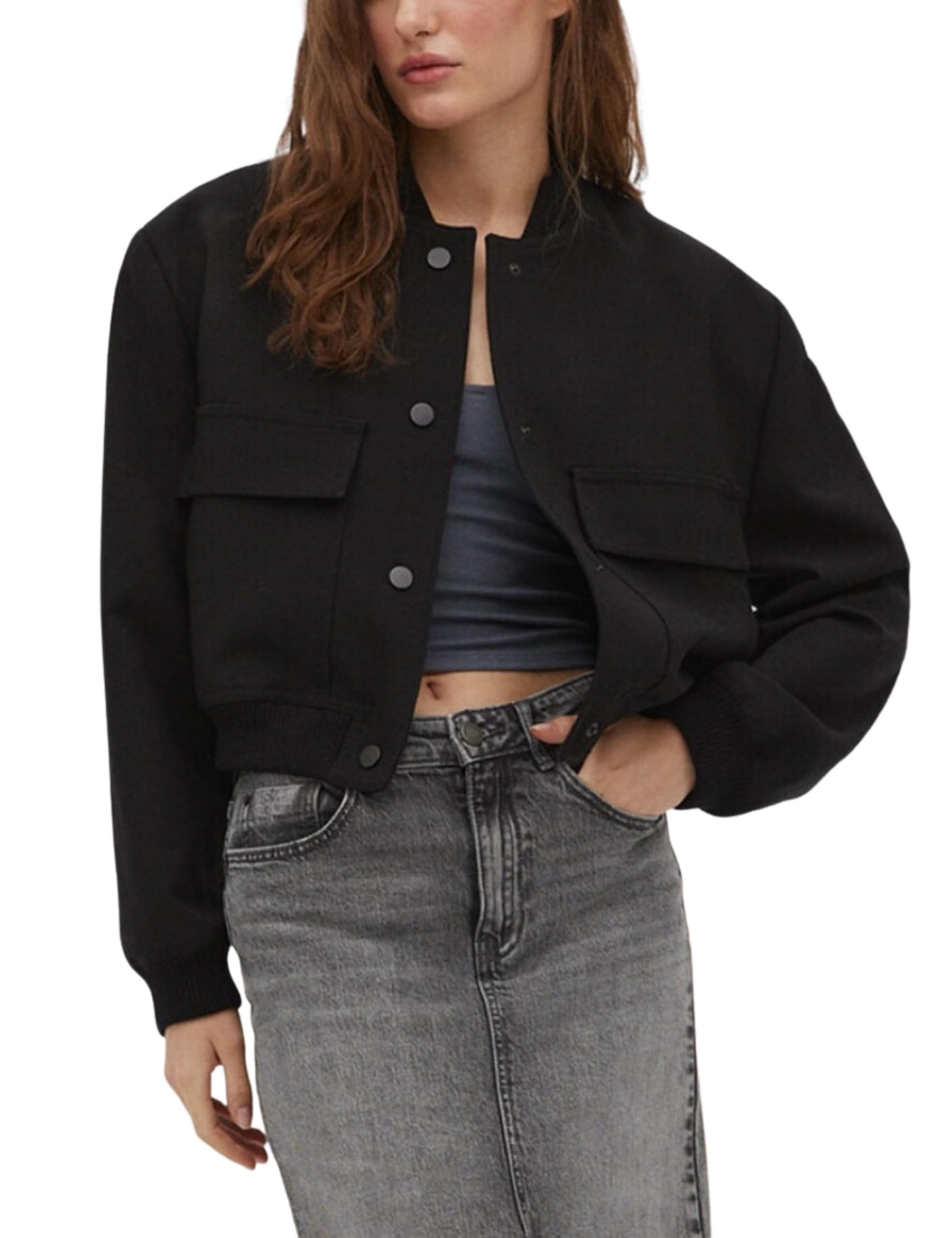 Aedceal Women's Cropped Bomber Jacket Button Down Stand Collar Varsity Coats Outerwears with Pockets(Black-M)