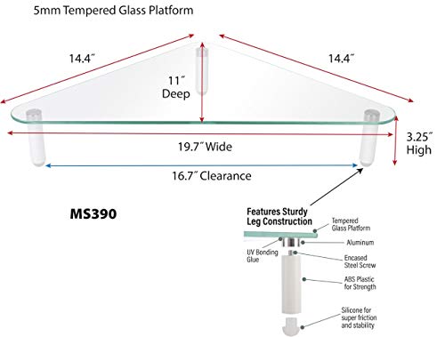 Kantek Corner Desk Glass Computer Monitor Stand Riser, 5mm Tempered Glass Platform, Holds Up to 40 Lbs, Keyboard Storage, 19.7" X 11" X 3.25", Clear