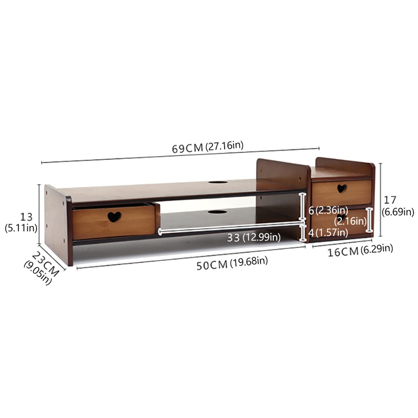 DNYSYSJ Computer Monitor Stand,27L*9W*7H,Laptop Stand Shelf w/2 Drawer,Bamboo Computer Riser,Office Desktop Laptop Support Shelf Organizer for PC Screen/TV Stand