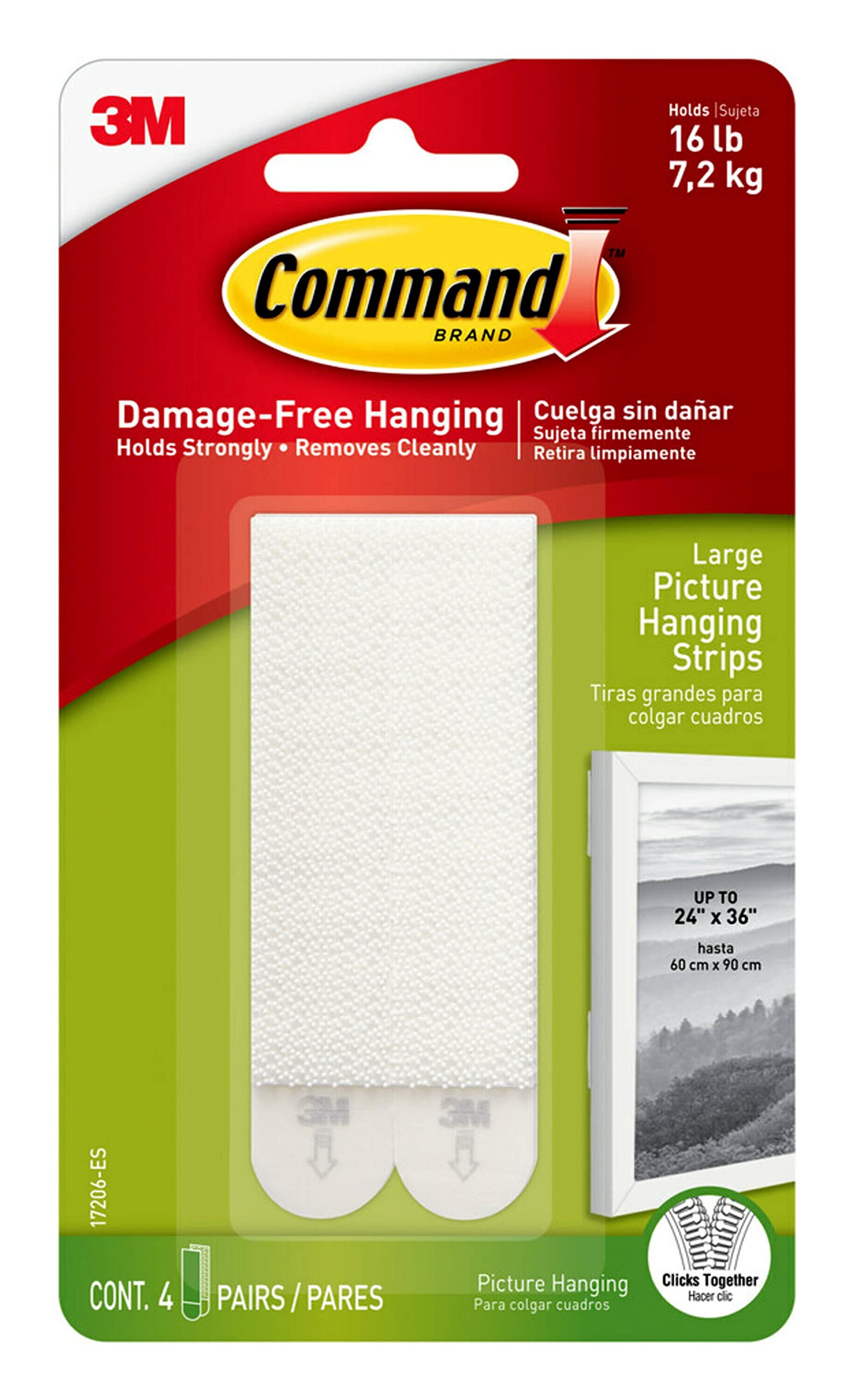 Command 17206 Picture Strip, Detachable, 7200 g, 4 Sets of 2 Stripes, Size L, White