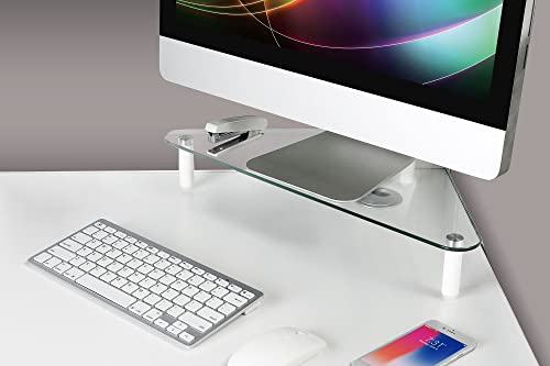 Kantek Corner Desk Glass Computer Monitor Stand Riser, 5mm Tempered Glass Platform, Holds Up to 40 Lbs, Keyboard Storage, 19.7" X 11" X 3.25", Clear