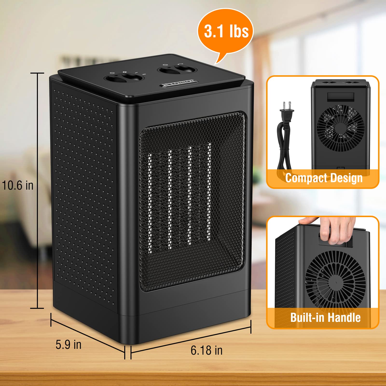 Space Heater, 1500W Portable Heater, 60°Oscillating Electric Heater, Heater for Home