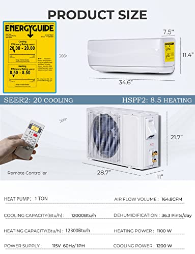 SIMOE 12000BTU Mini Split Air Conditioner and Heater, 115V 20 SEER2 Ductless AC Unit with 1 Ton Heat Pump & Ductless Inverter System, Energy Efficient Unit Rooms up to 750 Sq.Ft