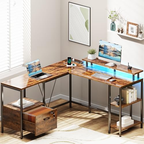 Huuger L Shaped Computer Desk with Power Outlets & LED Lights, Reversible Computer Desk with File Cabinet & Storage Shelves, Corner Desk Home Office Desk, Rustic Brown
