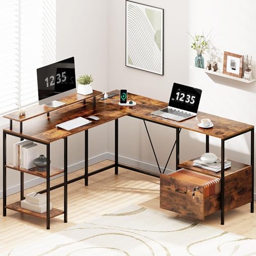 Huuger L Shaped Computer Desk with Power Outlets & LED Lights, Reversible Computer Desk with File Cabinet & Storage Shelves, Corner Desk Home Office Desk, Rustic Brown