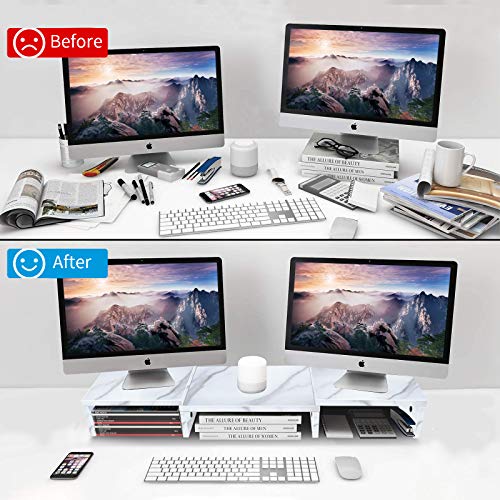 TEMI Dual Monitor Stand Riser with Adjustable Length and Angle, White Slate Texture Computer Monitor Stand, 3 Shelf Desktop Storage Organizer Riser for Laptop/Computer/TV/PC/Printer