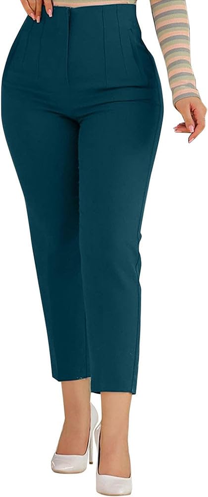 BIRW Womens High Waisted Pants Trendy Skinny Business Work Casual Pencil Trousers with Pockets Size Medium Dark Green