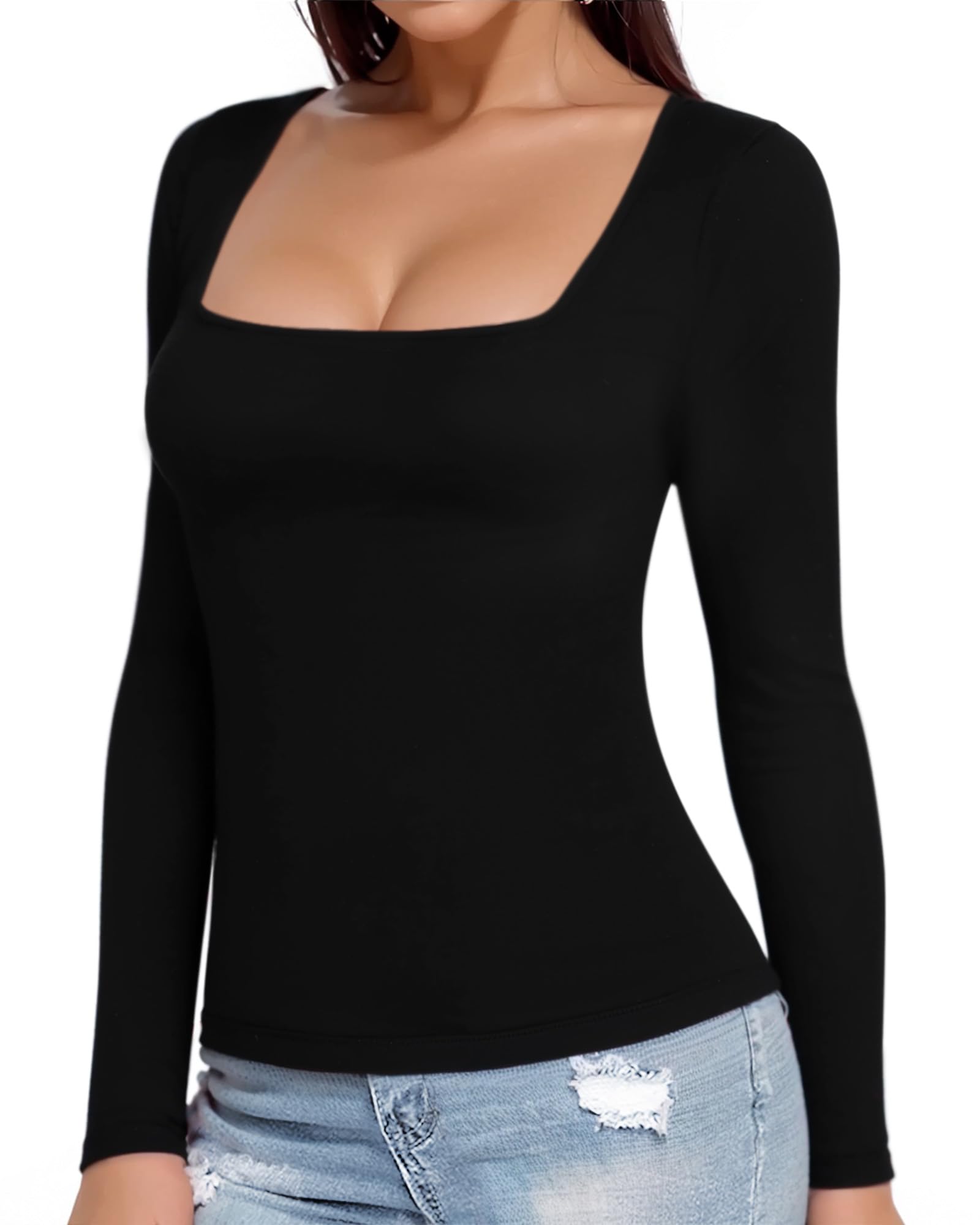 MANGOPOP Womens Long Sleeve Square Neck T Shirts Tops Fitted Tees(Black, Medium)