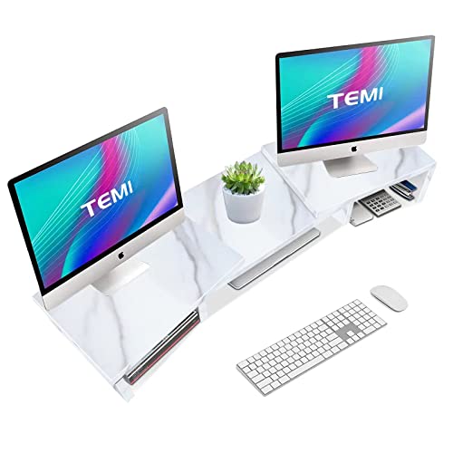 TEMI Dual Monitor Stand Riser with Adjustable Length and Angle, White Slate Texture Computer Monitor Stand, 3 Shelf Desktop Storage Organizer Riser for Laptop/Computer/TV/PC/Printer