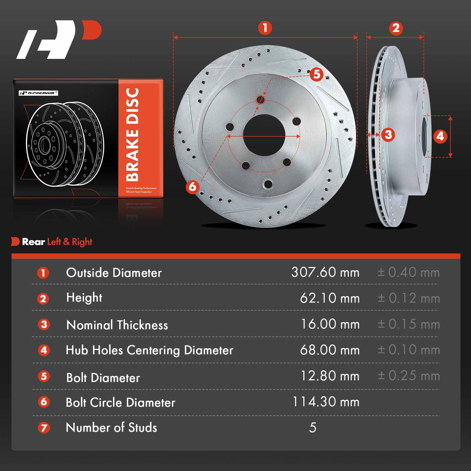 A-Premium 12.23 inch (310.6mm) Rear Drilled and Slotted Disc Brake Rotors Compatible with Select Nissan and Infiniti Models - Pathfinder 2013-2019, Quest, Murano, Q50, Q60, Q70, FX35, FX37, M37