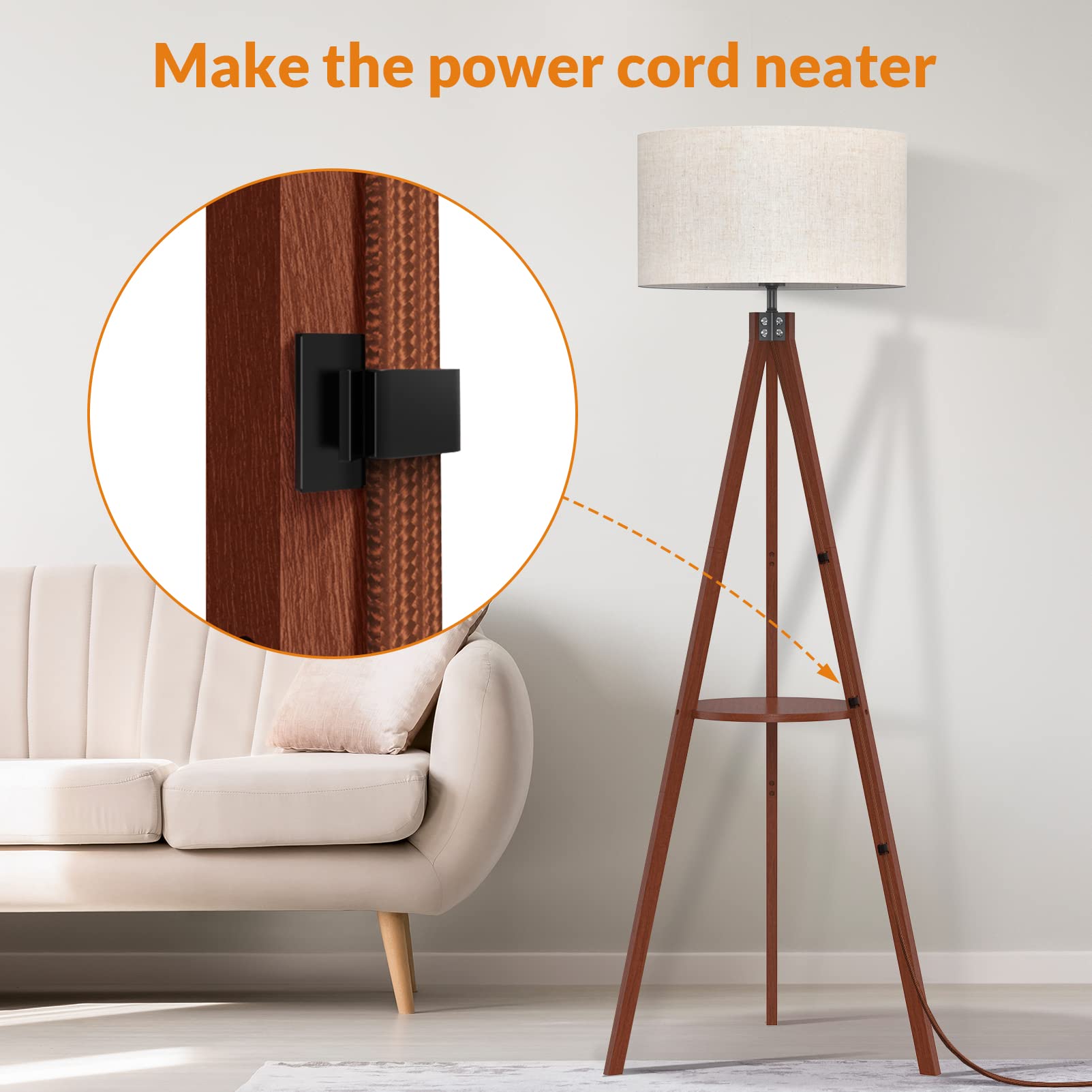 LEPOWER Tripod Floor Lamp, Mid Century Wood Standing Lamp, Modern Design Shelf Floor Lamp for Living Room, Bedroom, Office, Flaxen Lamp Shade with E26 Lamp Base