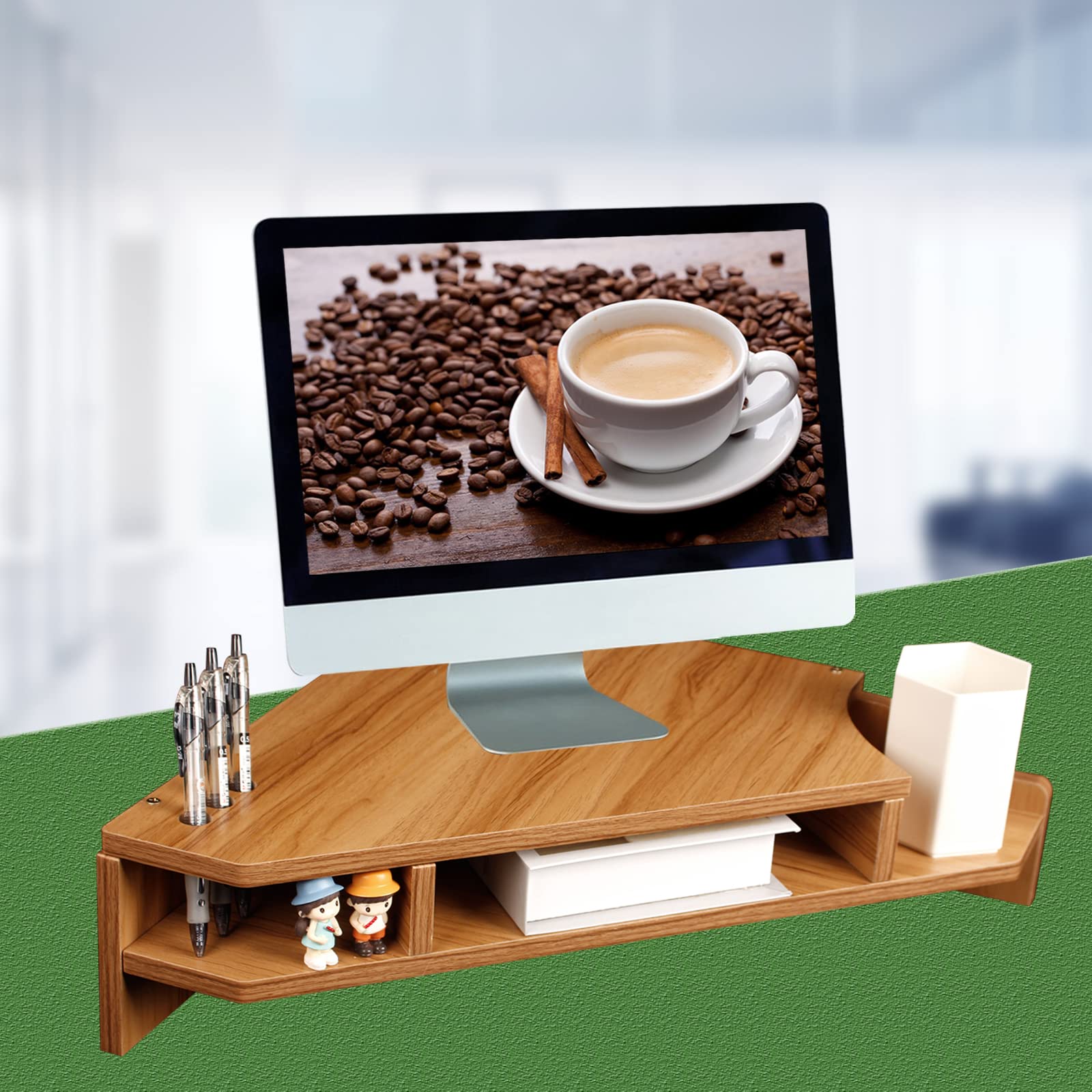 KUAIYU Triangle Monitor Stand Riser, Wooden Triangle Desktop Computer Stand with Office Organization, Walnut Color