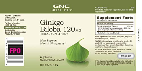 GNC Herbal Plus Ginkgo Biloba 120mg | Supports Mental Sharpness, Vegetarian | 100 Capsules