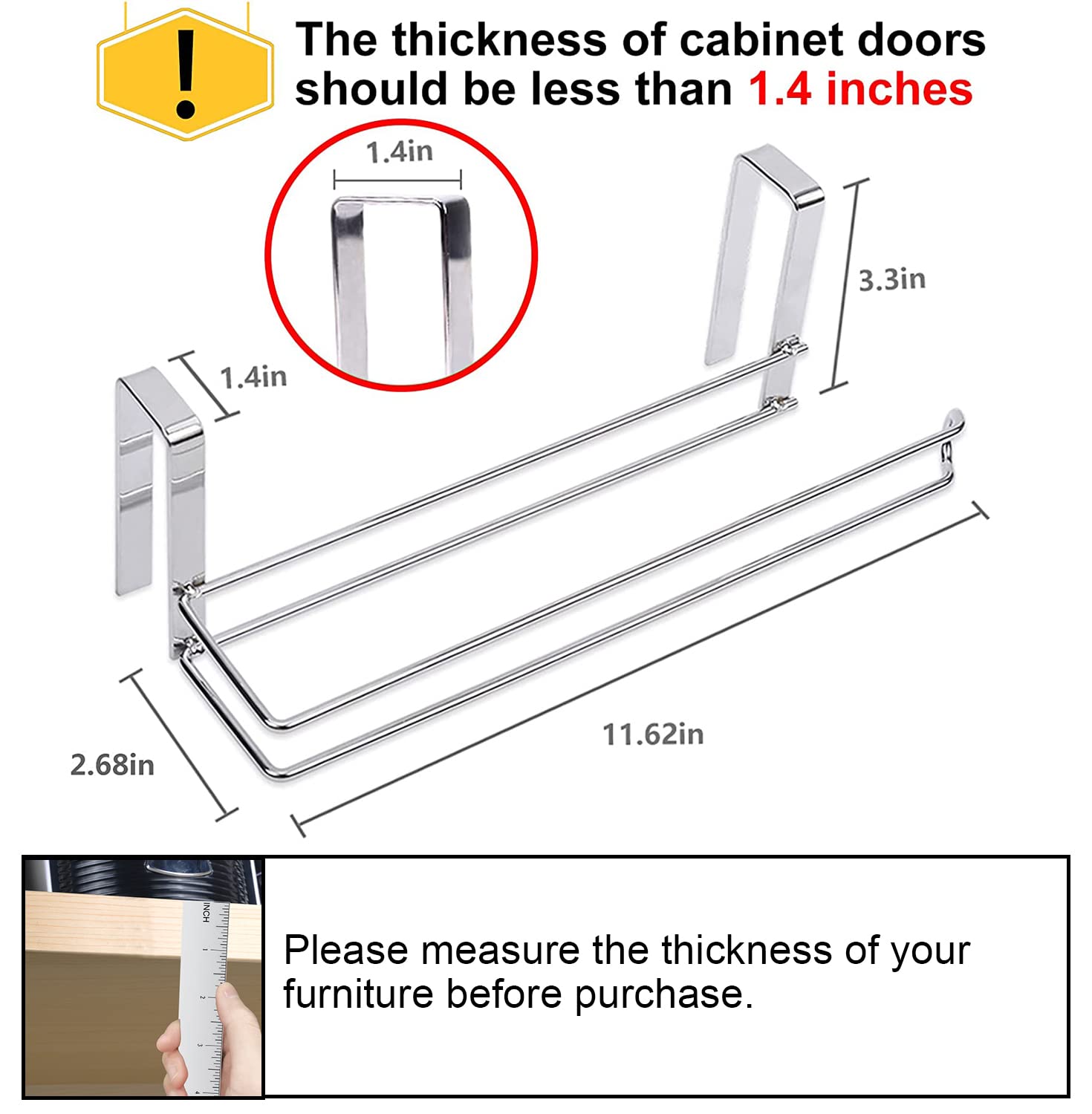 Luxsego Paper Towel Rack Under Cabinets, 1.4" Hanging & No Drilling Paper Towel Hanger for Kitchen Cabinets Bathroom Shelf, Stainless Steel, Double Support (Large)