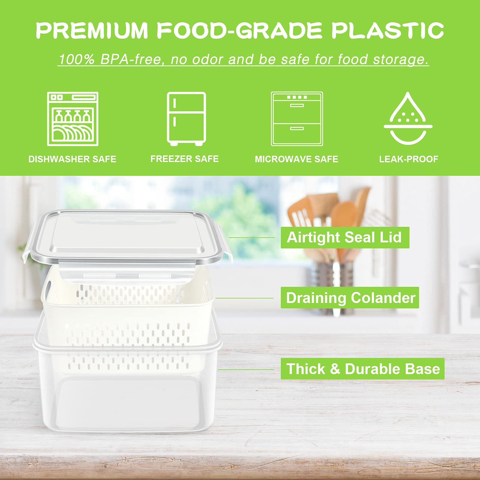 TBMax Fruit Vegetable Storage Containers for Fridge - 4 Pack Large Produce Saver Containers Refrigerator Organizer Bins, Plastic Produce Keepers with Lid & Colander for Salad Berry Lettuce Storage