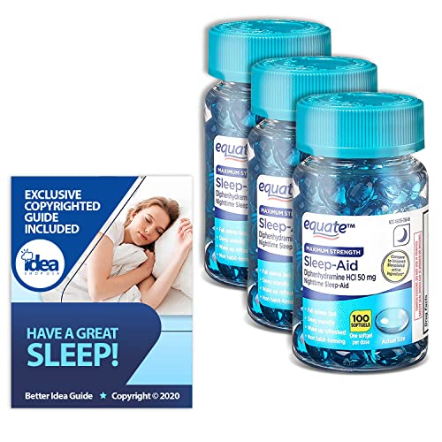 Equate Maximum Strength Sleep-Aid Softgels 50mg, 100 Ct (3 Pack) Bundle with Exclusive "Have a Great Sleep" - Better Idea Guide (4 Items)