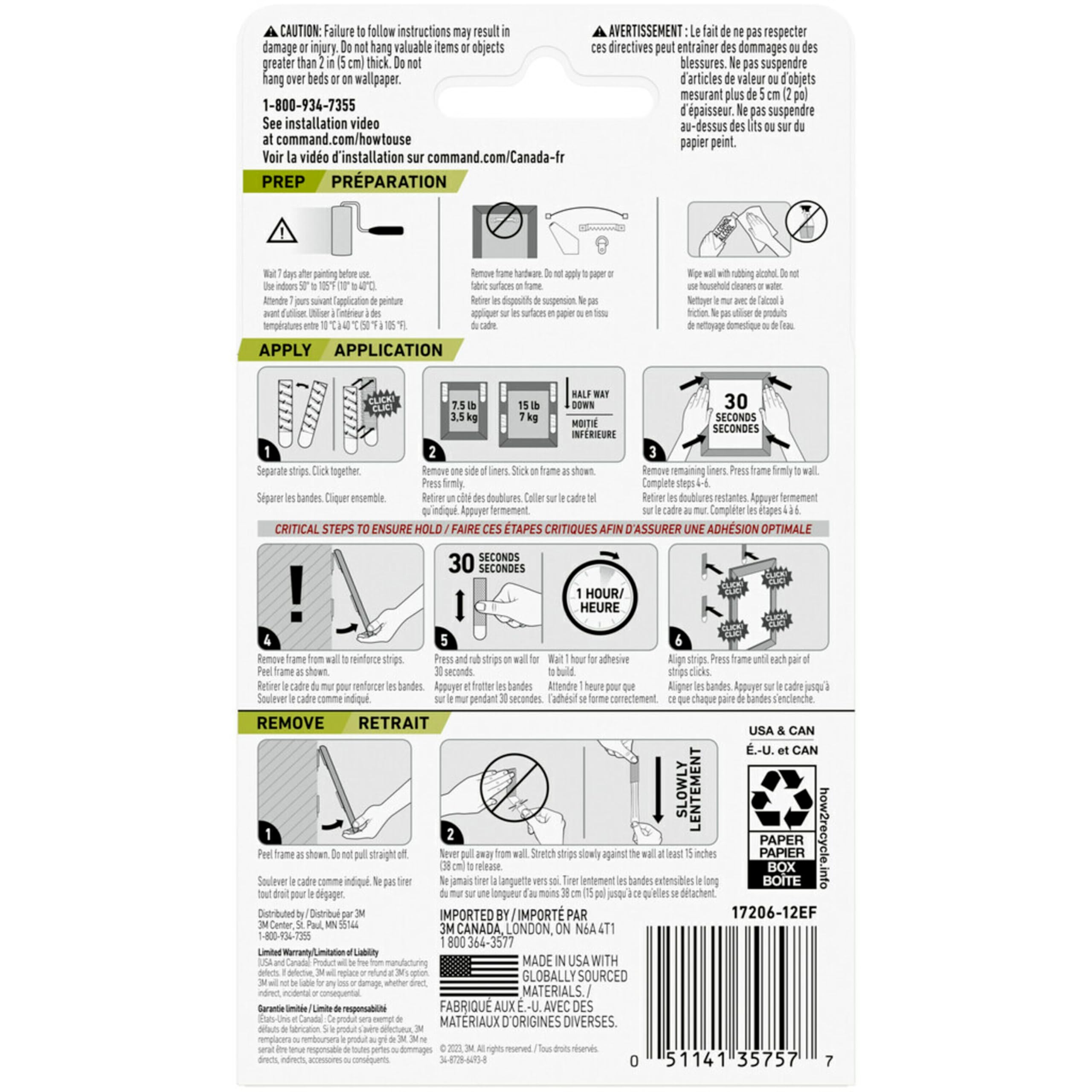 Command 17206 Picture Strip, Detachable, 7200 g, 4 Sets of 2 Stripes, Size L, White